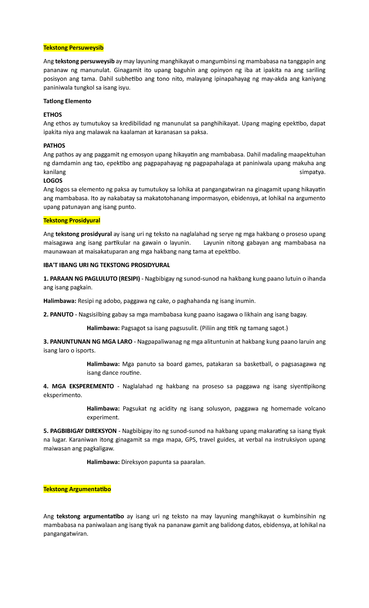 Tekstong Persuweysib, Prosidyural, at Argumentatibo: Rebyuwer (Pagpag ...