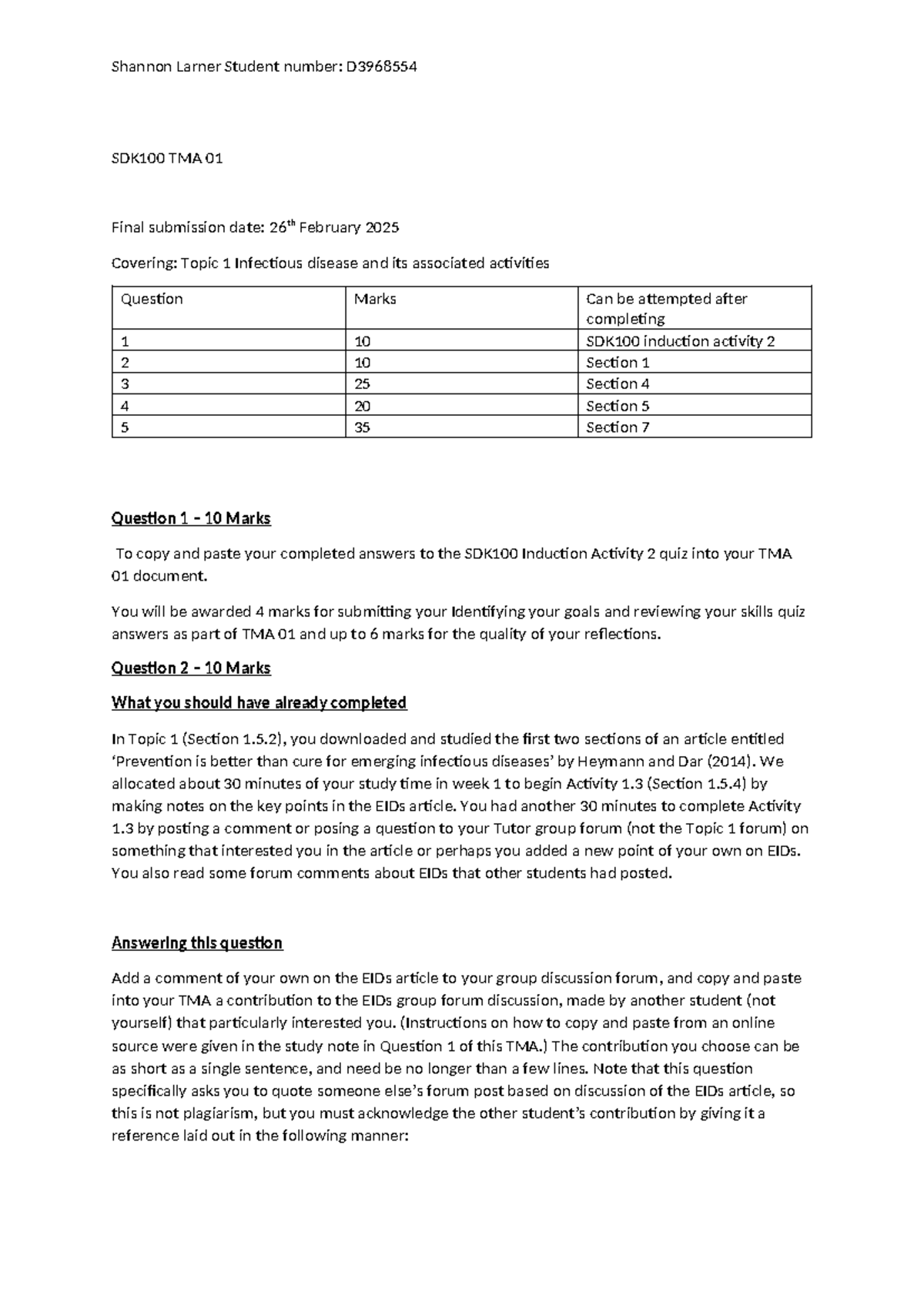 SDK100 TMA 01 - Infectious Disease Analysis and Reflections - Studocu