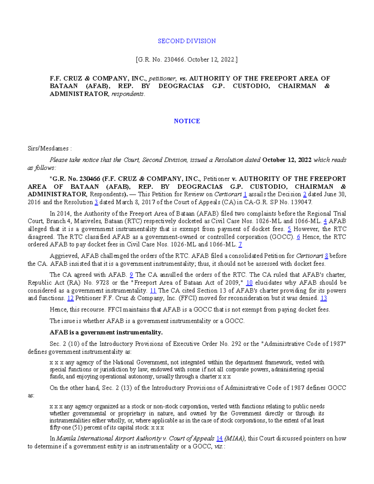 FF Cruz Co. v. Authority of the Freeport Area of Bataan: Case No ...