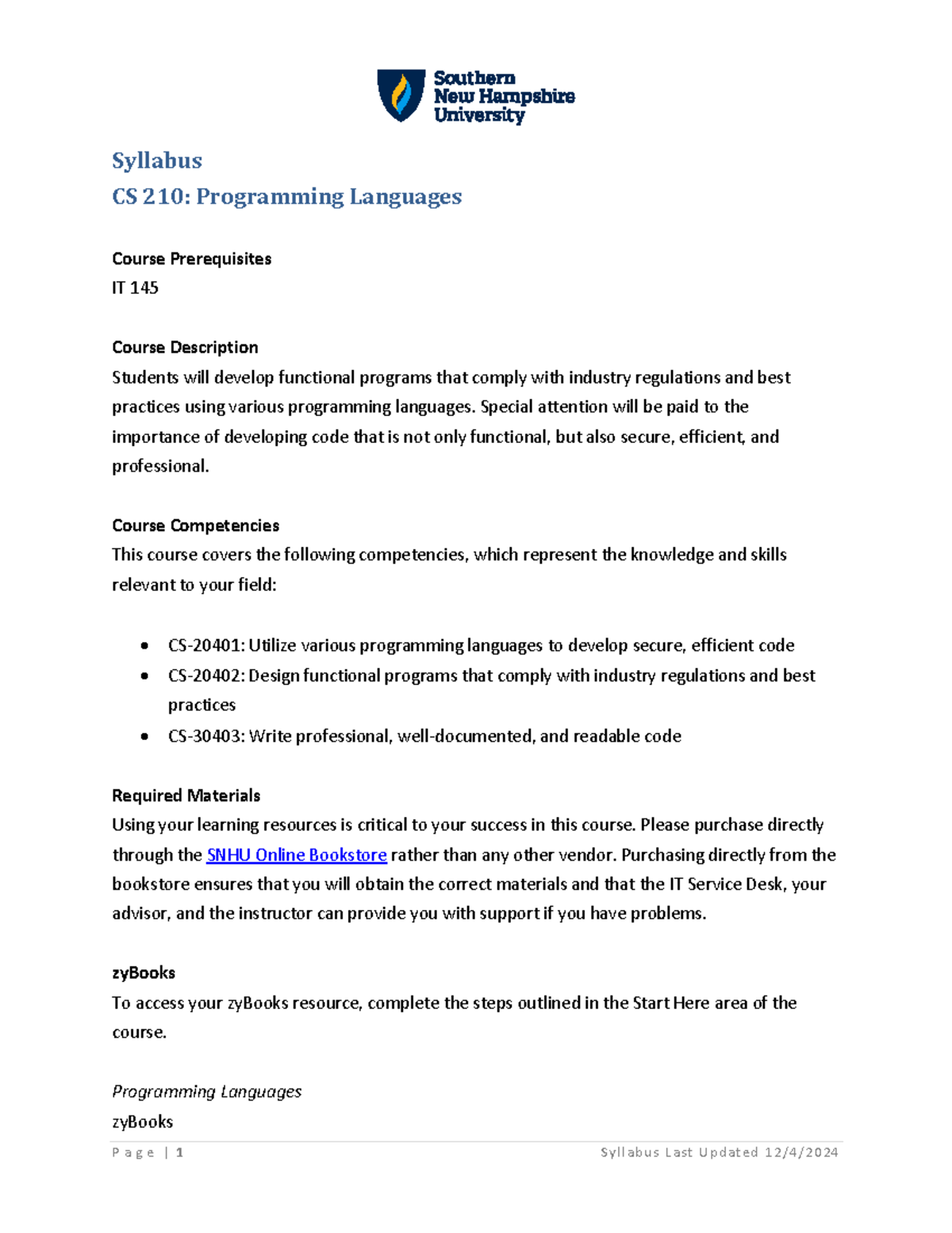 CS 210: Comprehensive Syllabus for Programming Languages Course - Studocu
