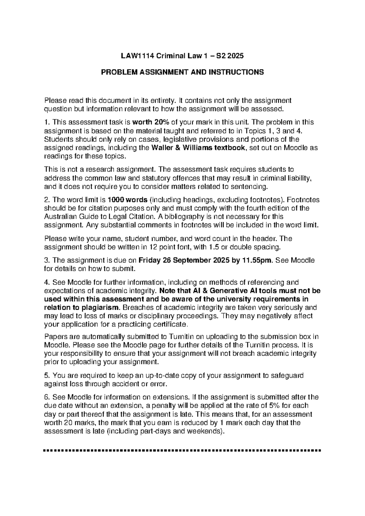 LAW1114 S2 2025 Criminal Law Problem Assignment & Guidelines - Studocu