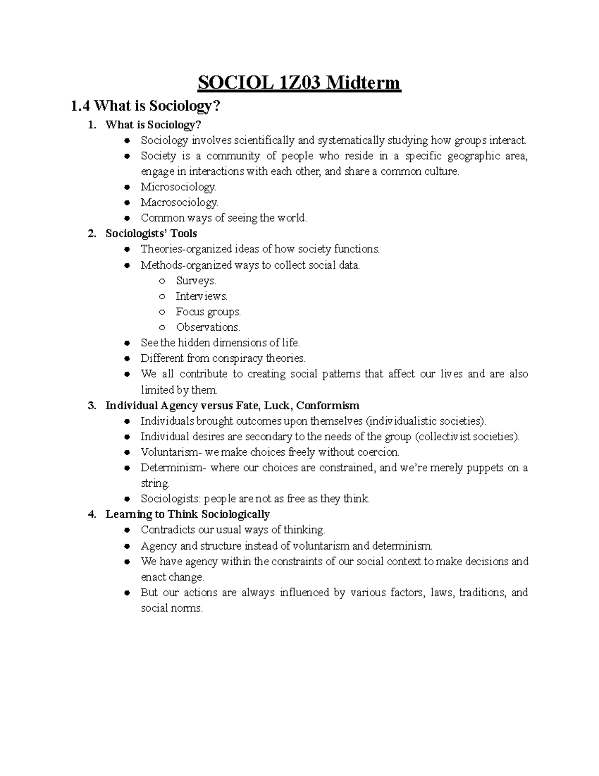 SOCIOL 1Z03 Midterm Study Guide: Understanding Sociology Concepts - Studocu