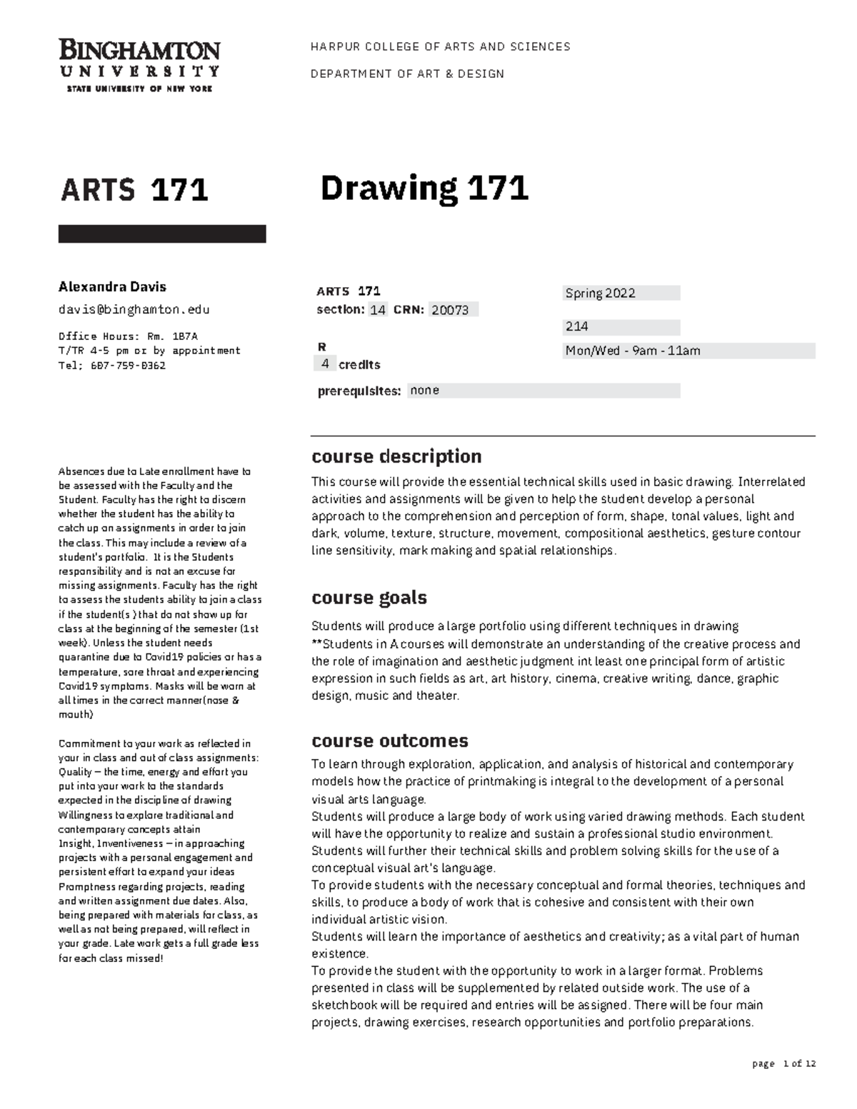 Arts 171 Drawing Syllabus Overview - Spring 2022 Class Schedule - Studocu