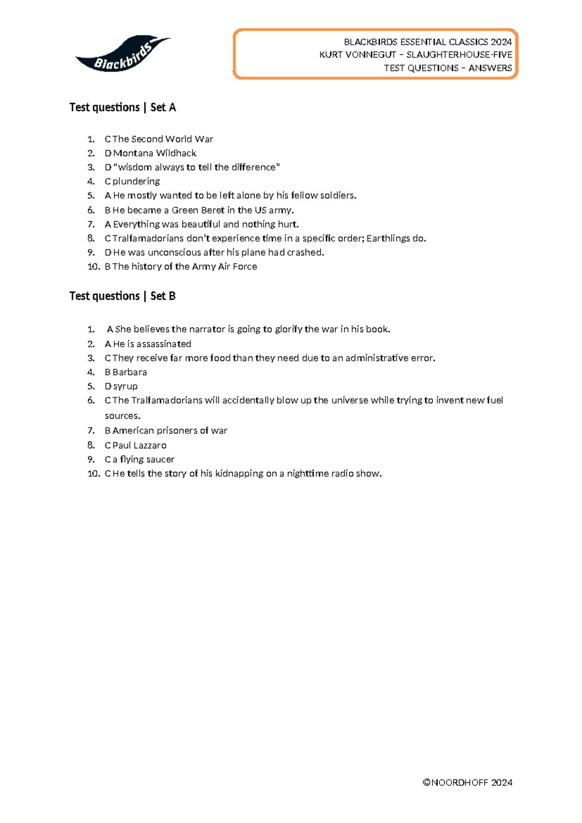 Blackbirds 2024: Slaughterhouse-Five Test Questions & Answers - Studeersnel