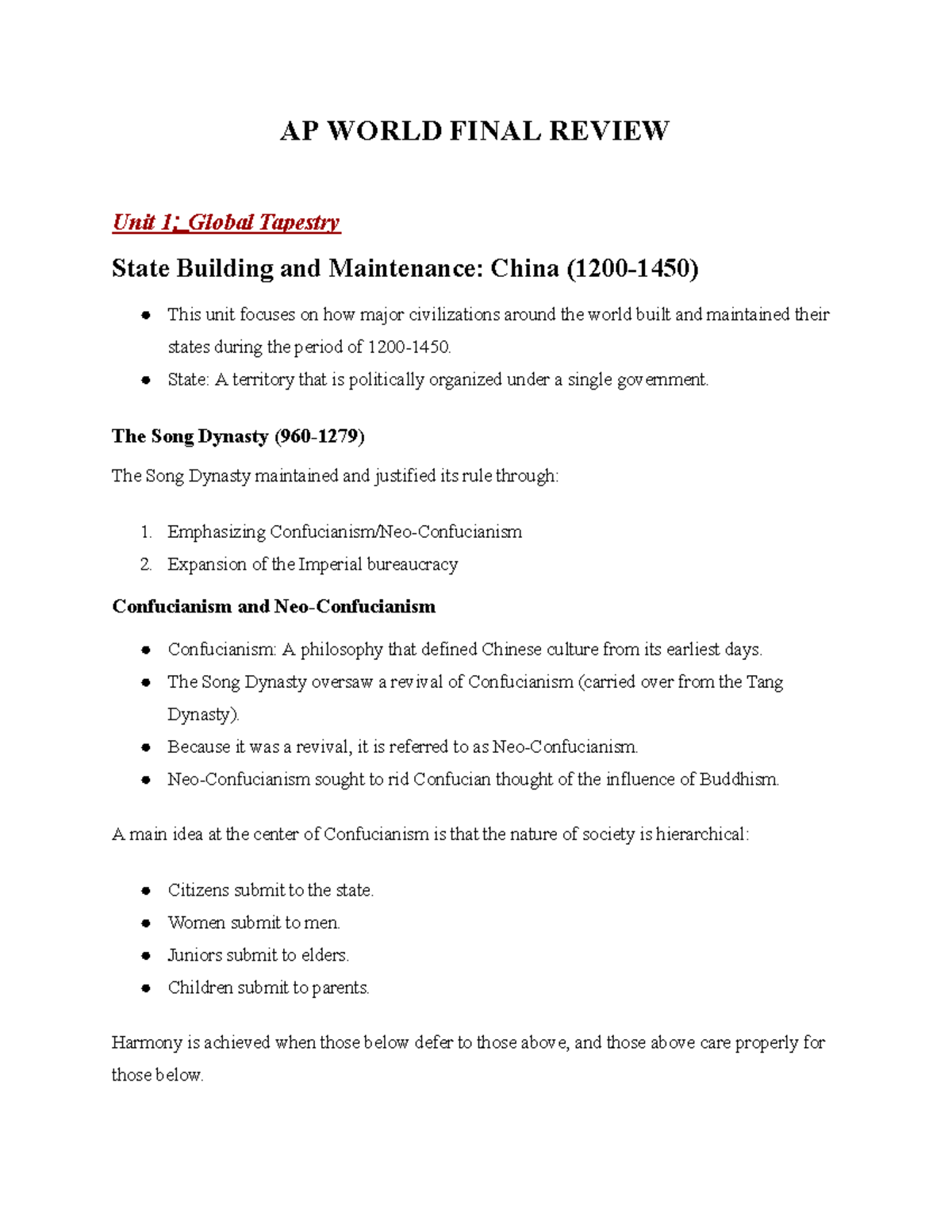 AP WORLD FINAL REVIEW: Unit 1 - Global Tapestry & State Building - Studocu