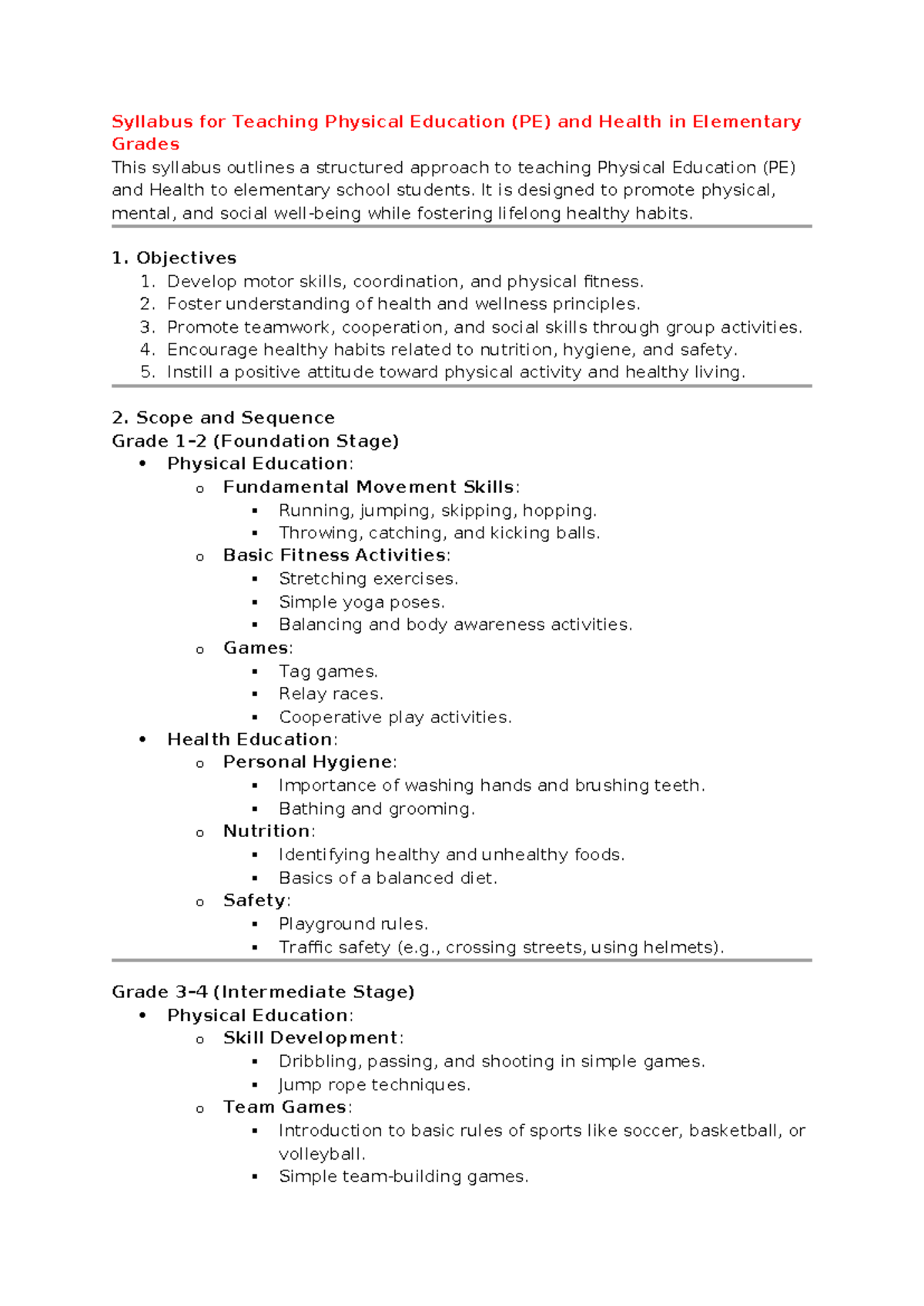 Syllabus: Teaching P.E. & Health for Elementary Grades (PEHE 101) - Studocu