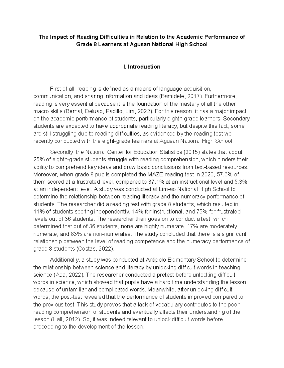 The Impact of Reading Difficulties on Grade 8 Learners' Academic Performance at - Studocu