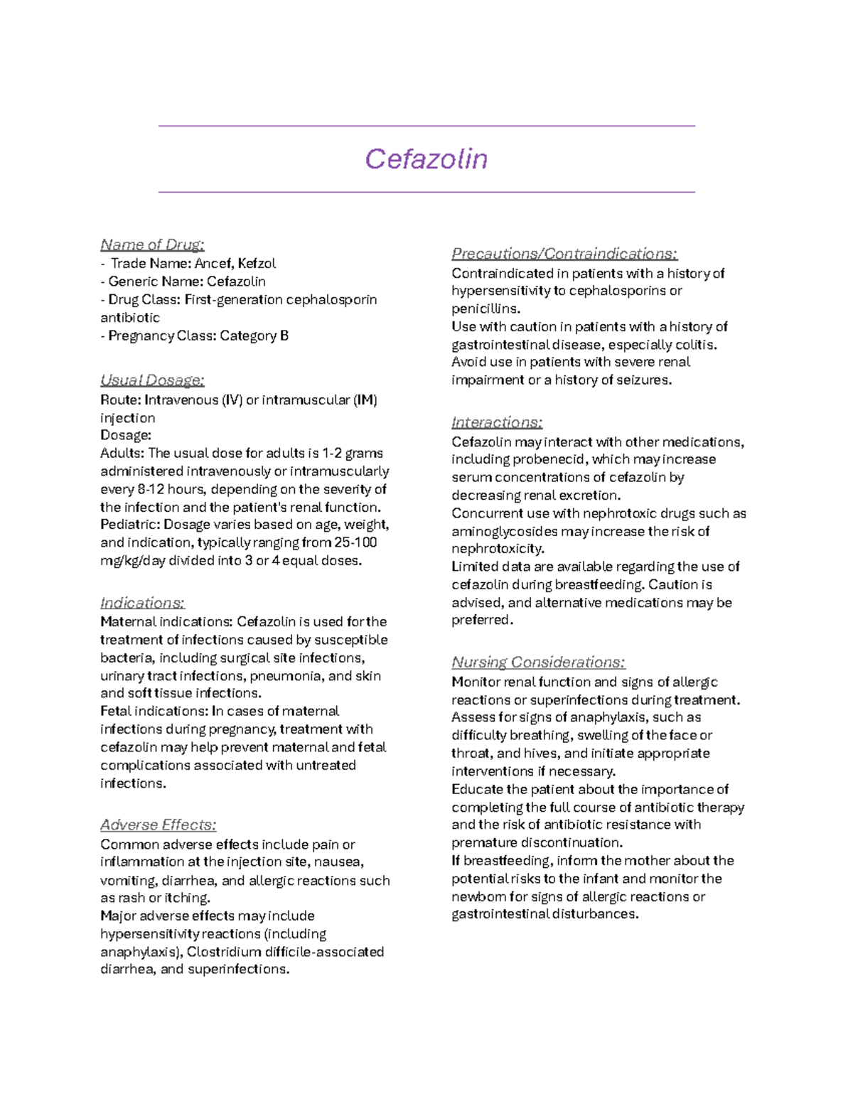 Cefazolin - n/a - Cefazolin Name of Drug: Trade Name: Ancef, Kefzol ...