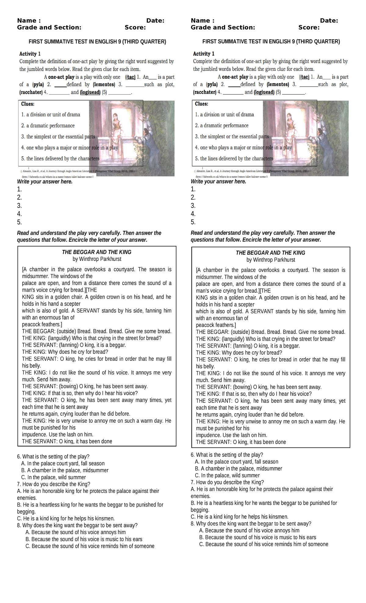 First Summative TEST ( Quarter 3) - Name : Date: Grade and Section ...