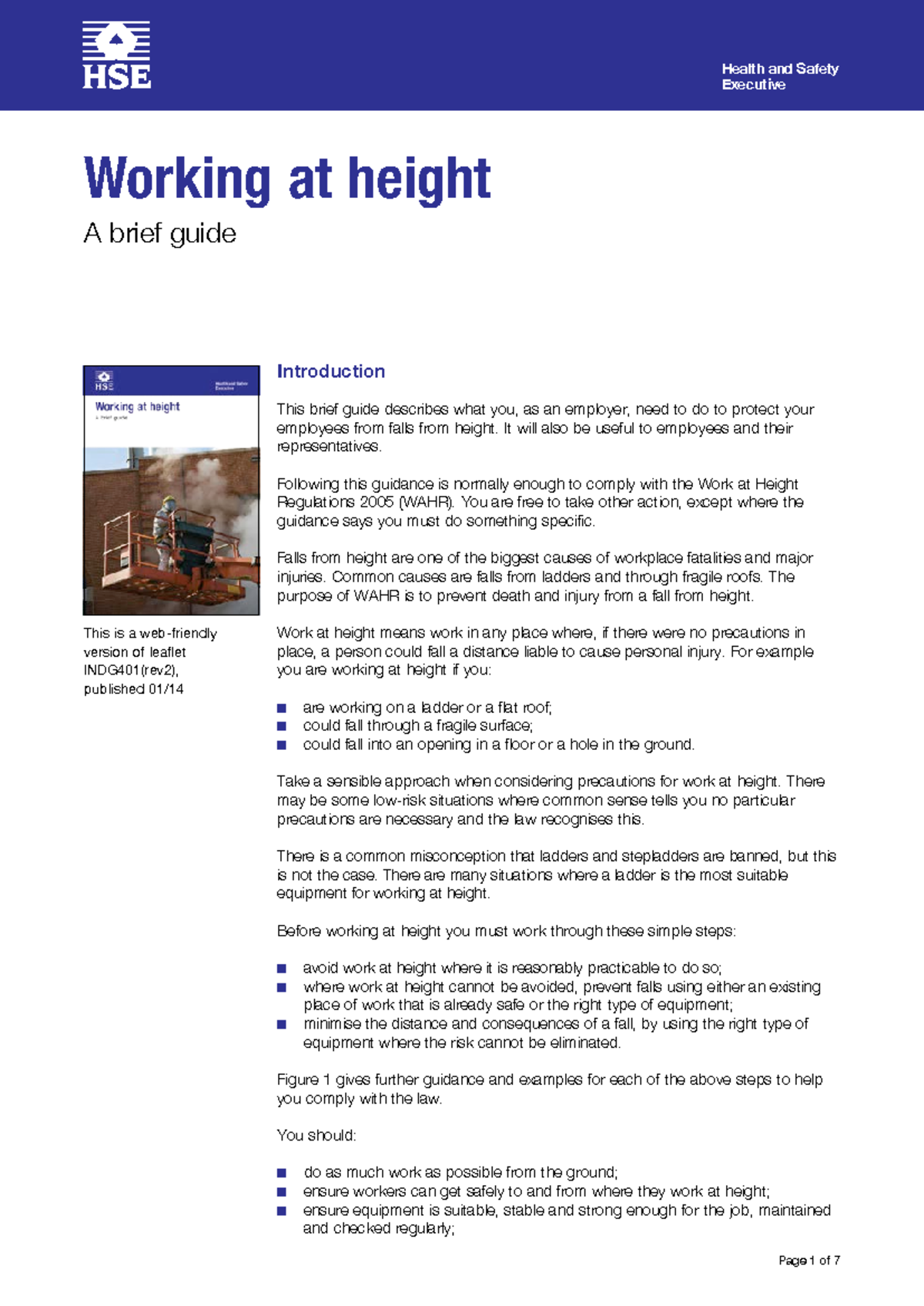 Working at Height Regulations - Executive Page 1 of 7 Introduction This ...