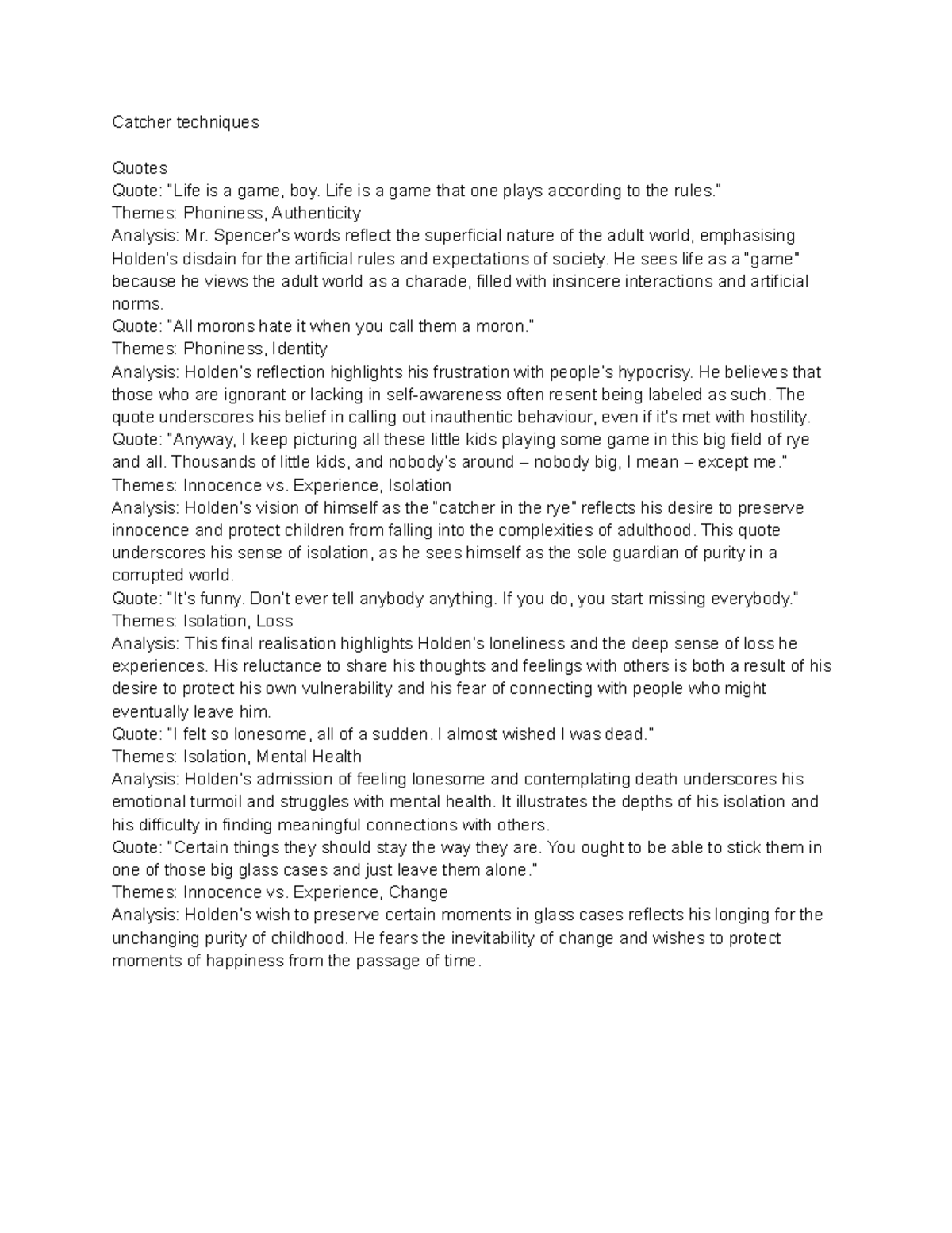 Catcher in the Rye: Thematic Quotes & Analysis Notes - Studocu