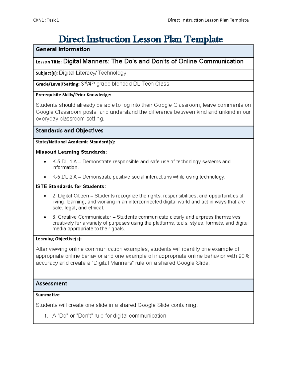 CXN1: Task 1 Digital Manners Direct Instruction Lesson Plan Template ...
