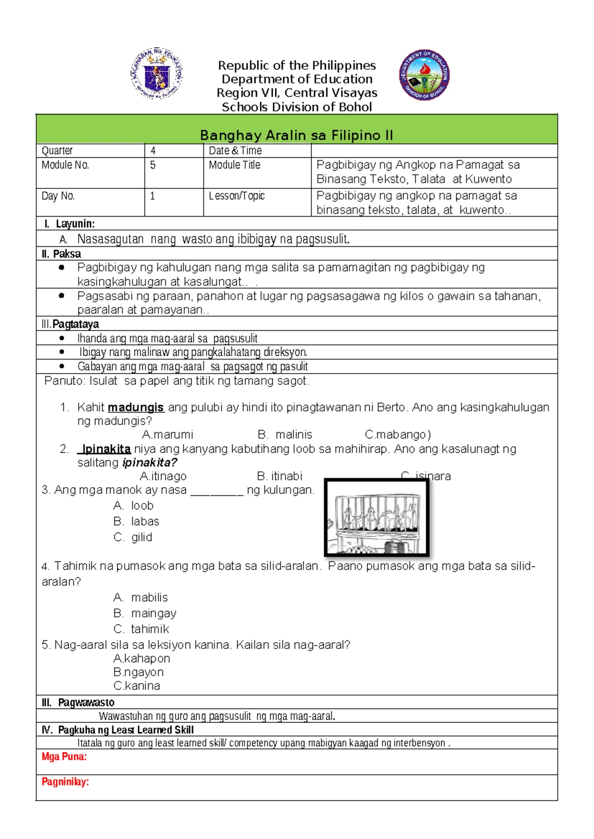 BANGHAY ARALIN SA FILIPINO V: Pag-aaral ng Bugtong at mga Uri Nito - Studocu