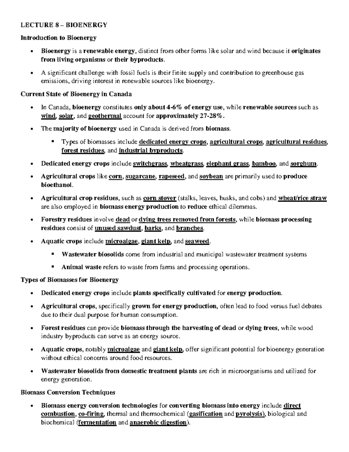 LECTURE 8 - BIOENERGY: Exploring Renewable Energy from Biomass - Studocu