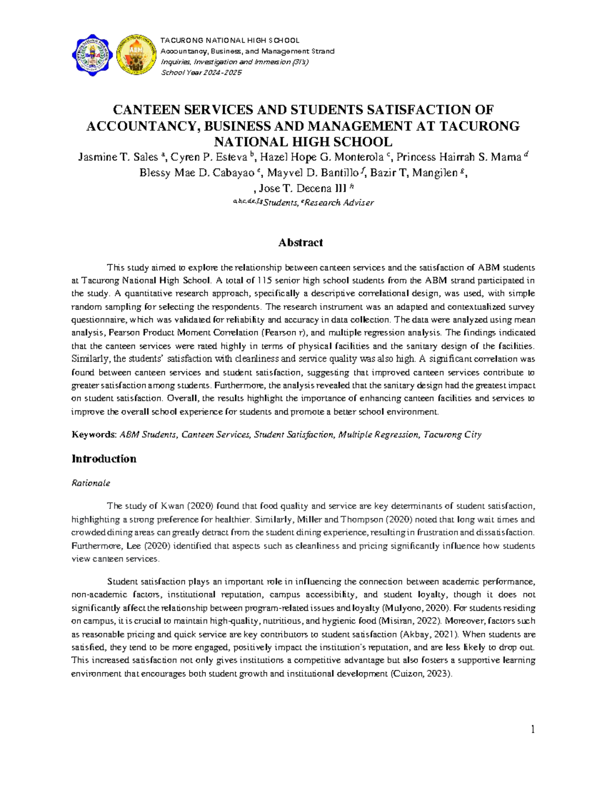 TACURONG NATIONAL HIGH SCHOOL ABM Canteen Services & Student ...