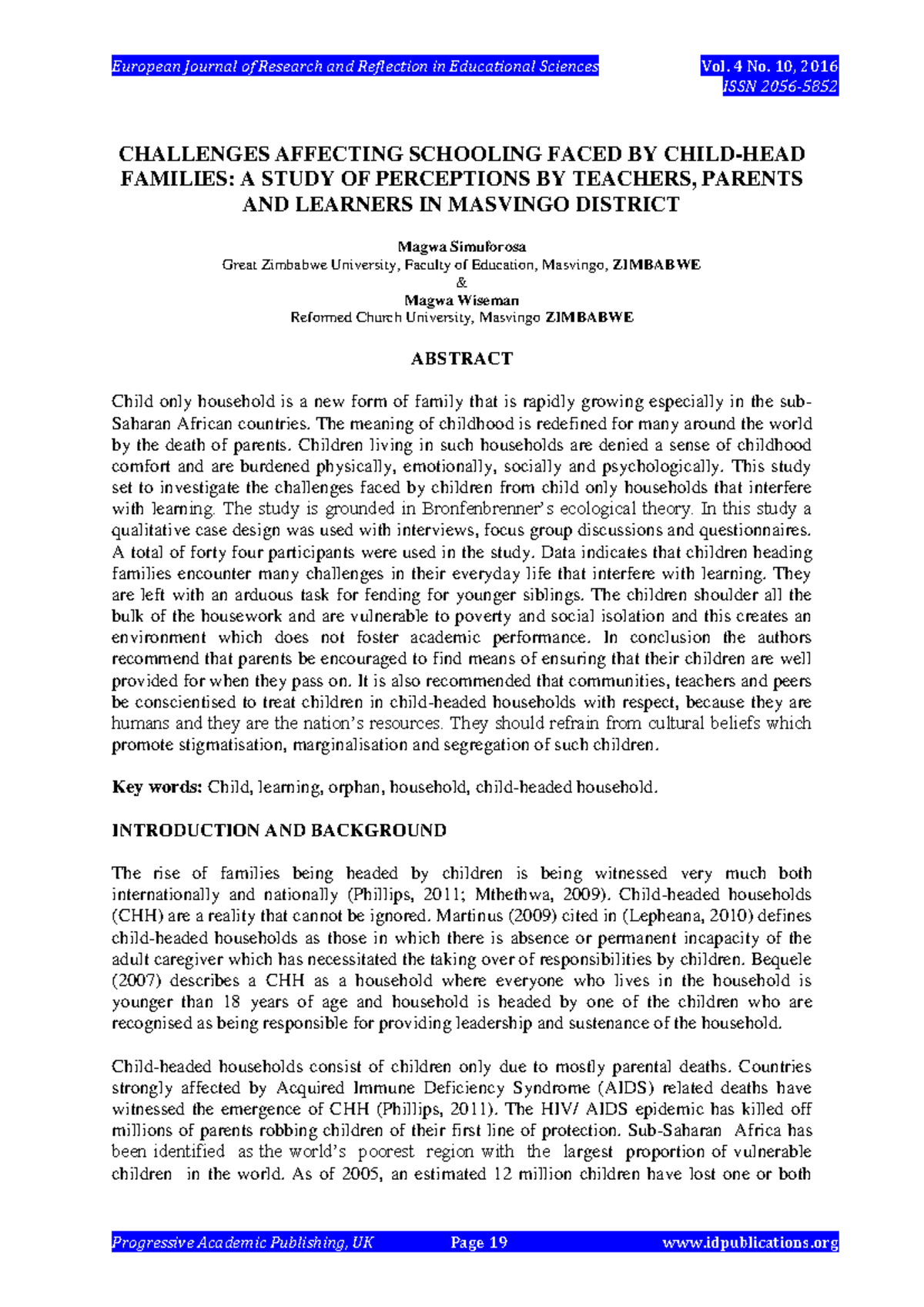 Challenges in Education for Child-Headed Households: A Study in ...