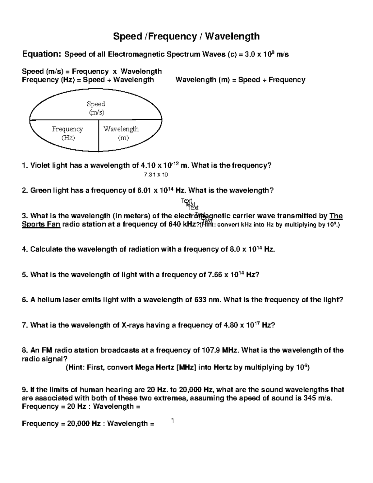 Energy, Frequency & Wavelength Worksheet (2020) - EM Waves ...