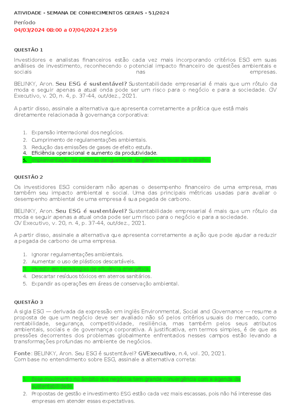 Atividade - Semana de Conhecimentos Gerais - Questões sobre ESG - 51/2024 - Studocu