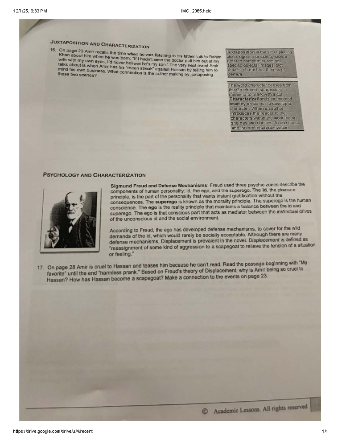 Kite Runner Guided Questions: Juxtaposition & Characterization Analysis ...