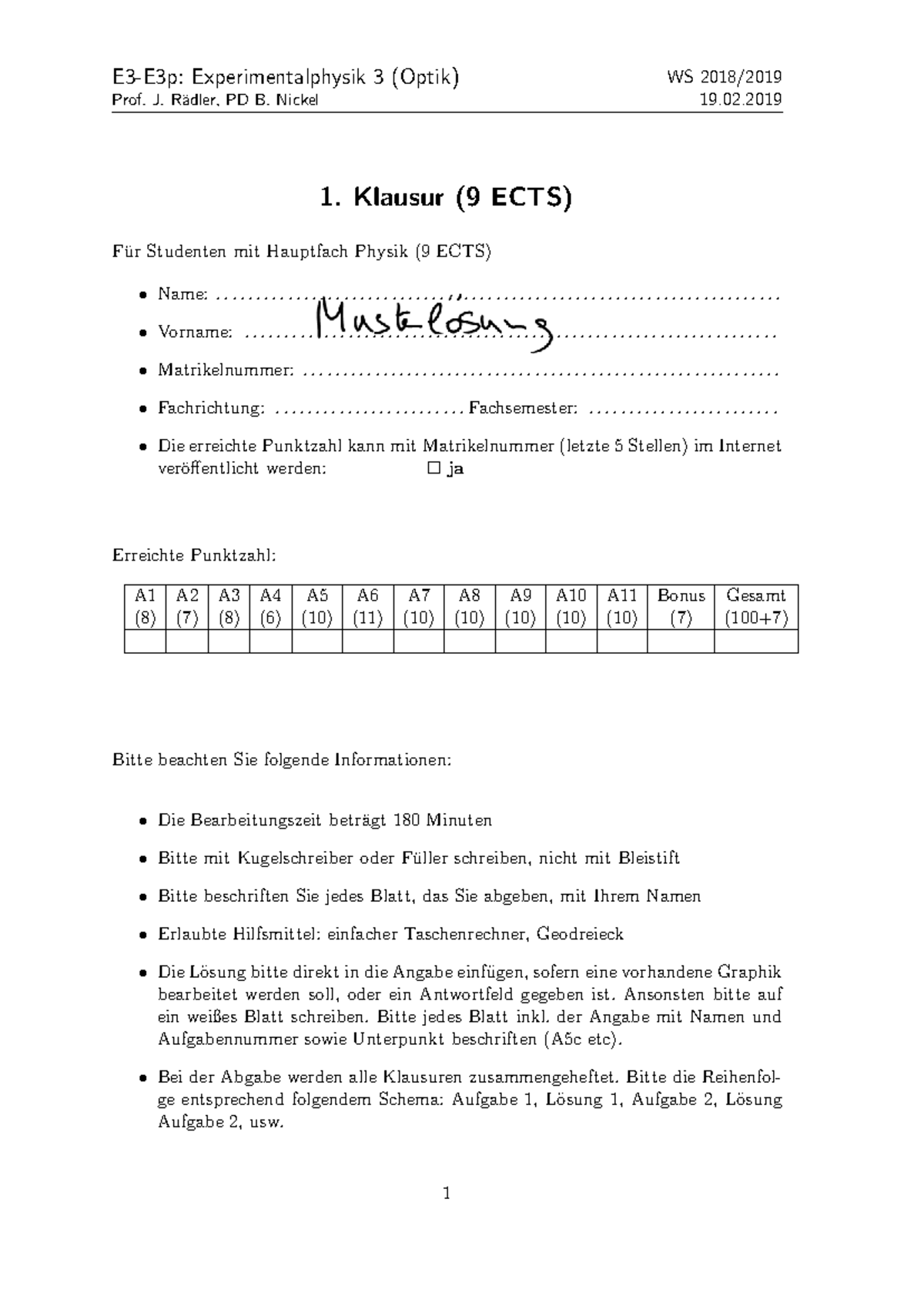 E3 WS 2018: Klausur in Experimentalphysik 3 (Optik) von Prof. Rädler ...