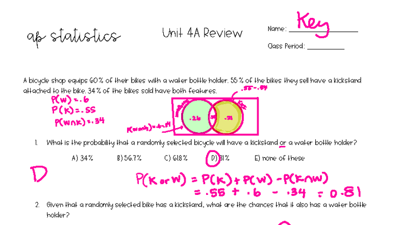 Unit 4A Review Key - AP Statistics Probability Concepts - Studocu