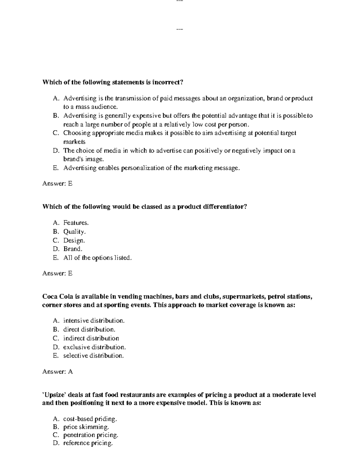 EIM Test Bank: Marketing Concepts and Product Differentiation Insights ...