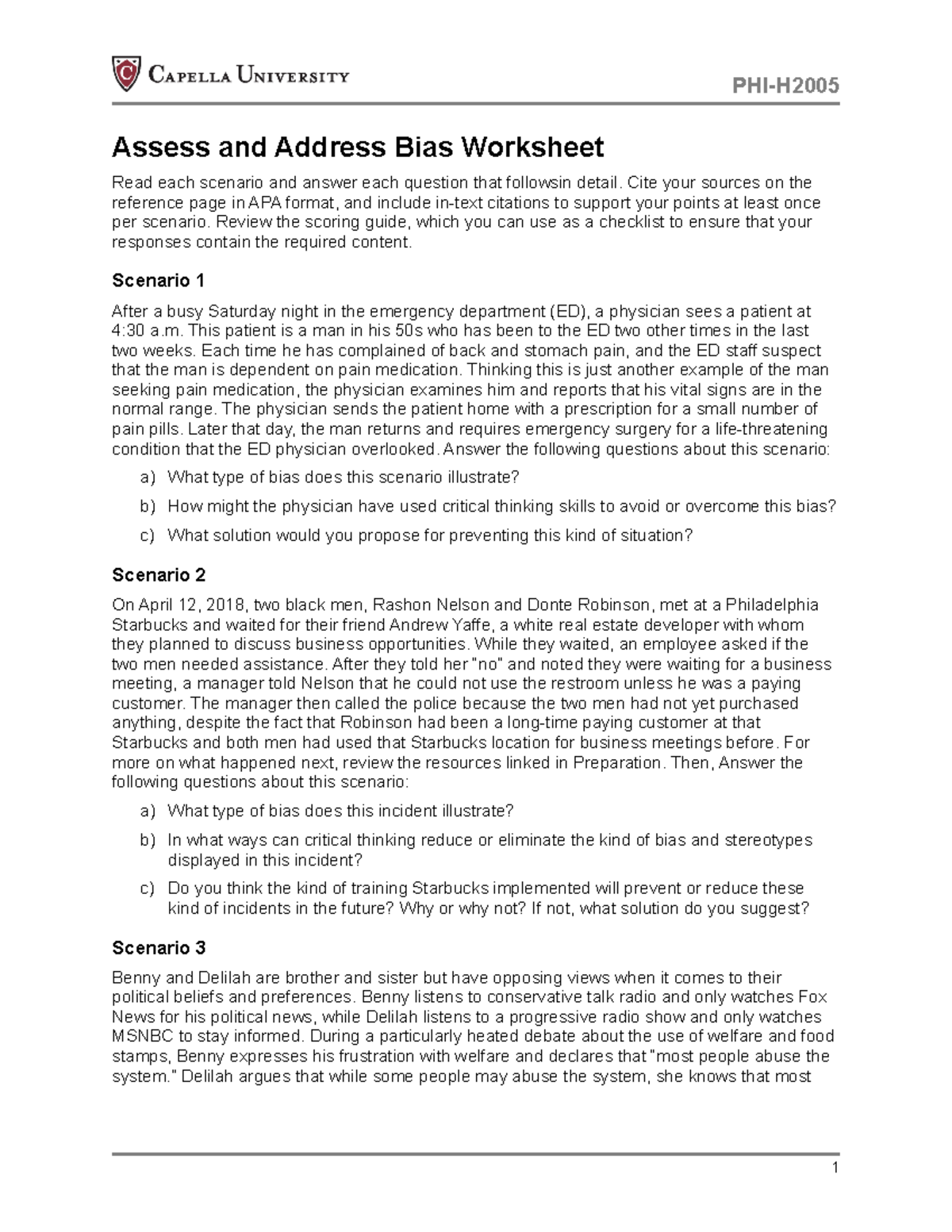 PHI-H: Assess & Address Bias Worksheet - Scenarios & Critical Thinking ...