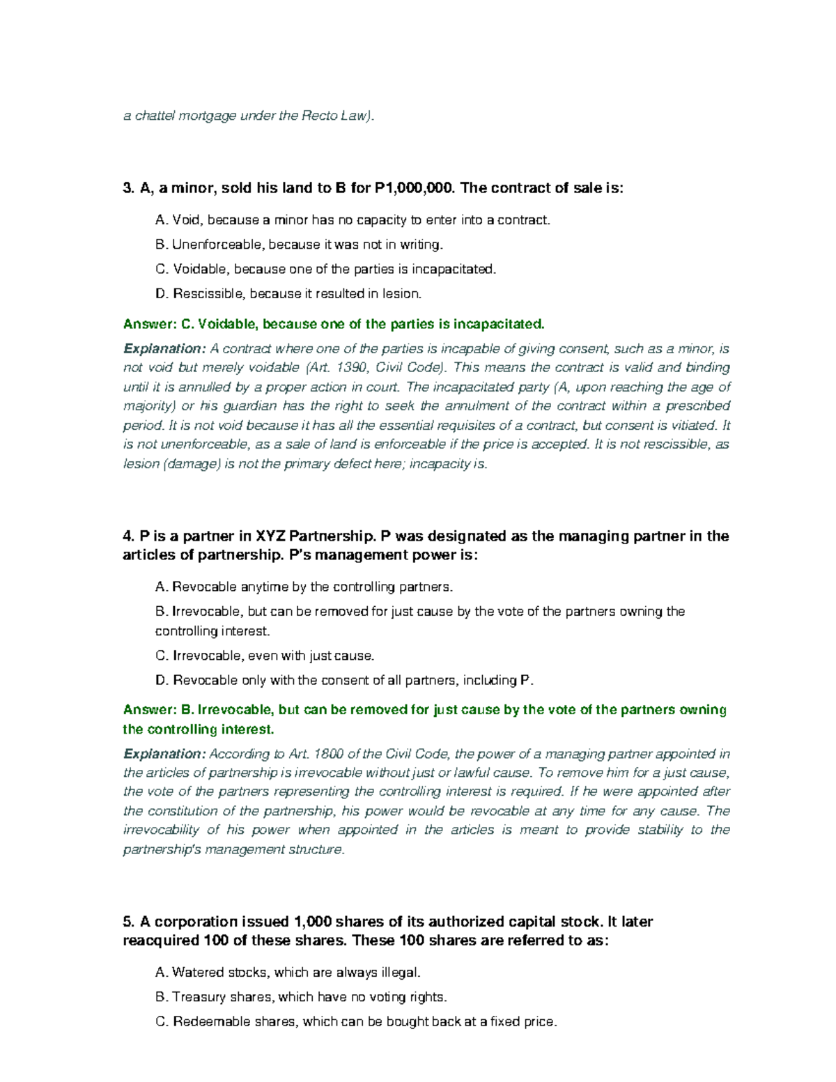 Business Law Sample Problems-2: Chattel Mortgage & Partnership Issues ...
