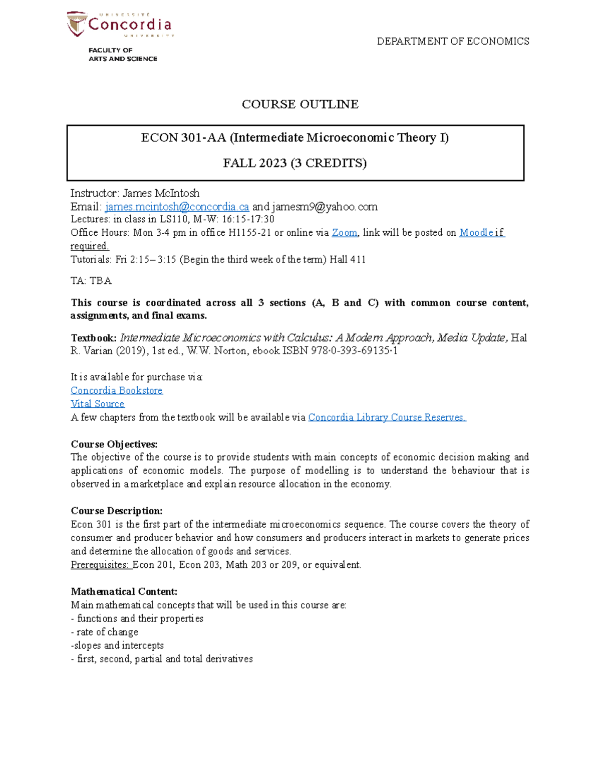 Econ 301 Fall 2023 Course Outline and Important Information - Studocu