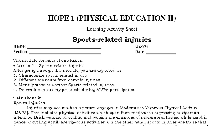 HOPE 1 (PE II) Lesson 1: Understanding and Preventing Sports Injuries ...