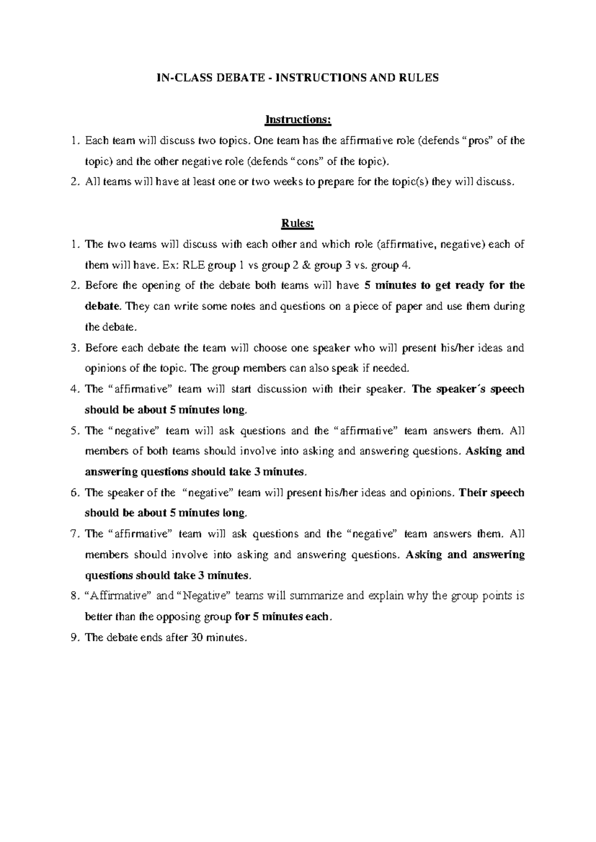 Debate Rules & Pointing System for In-Class Debate Activities - Studocu