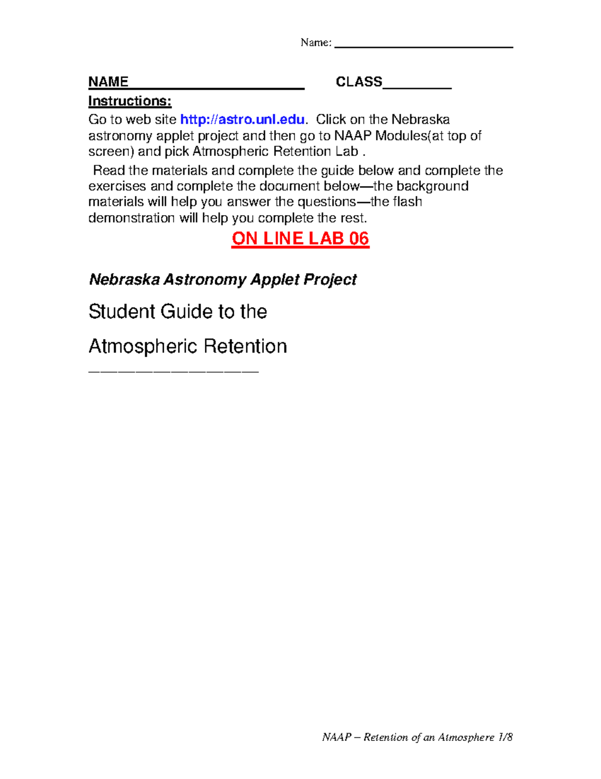 Atmospheric Retention Lab Worksheet and Manual-1 - Name: NAME ...