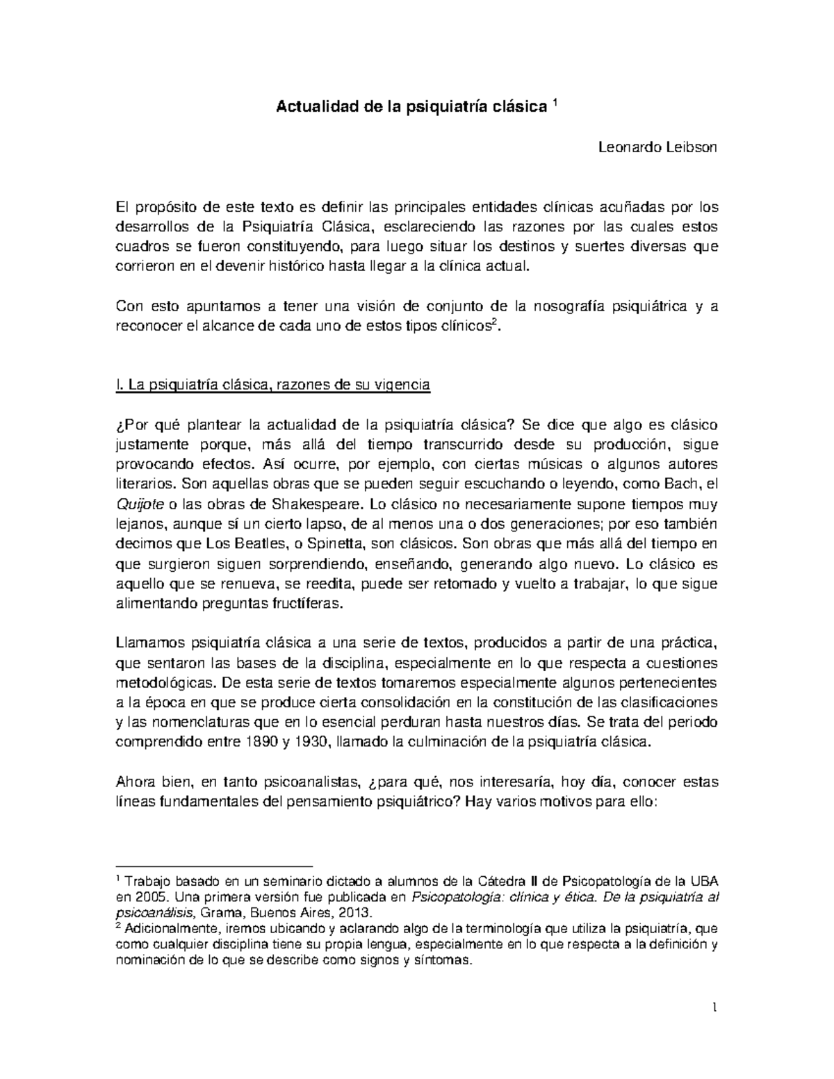 Leibson “Actualidad de la psiquiatría clásica” - Actualidad de la ...