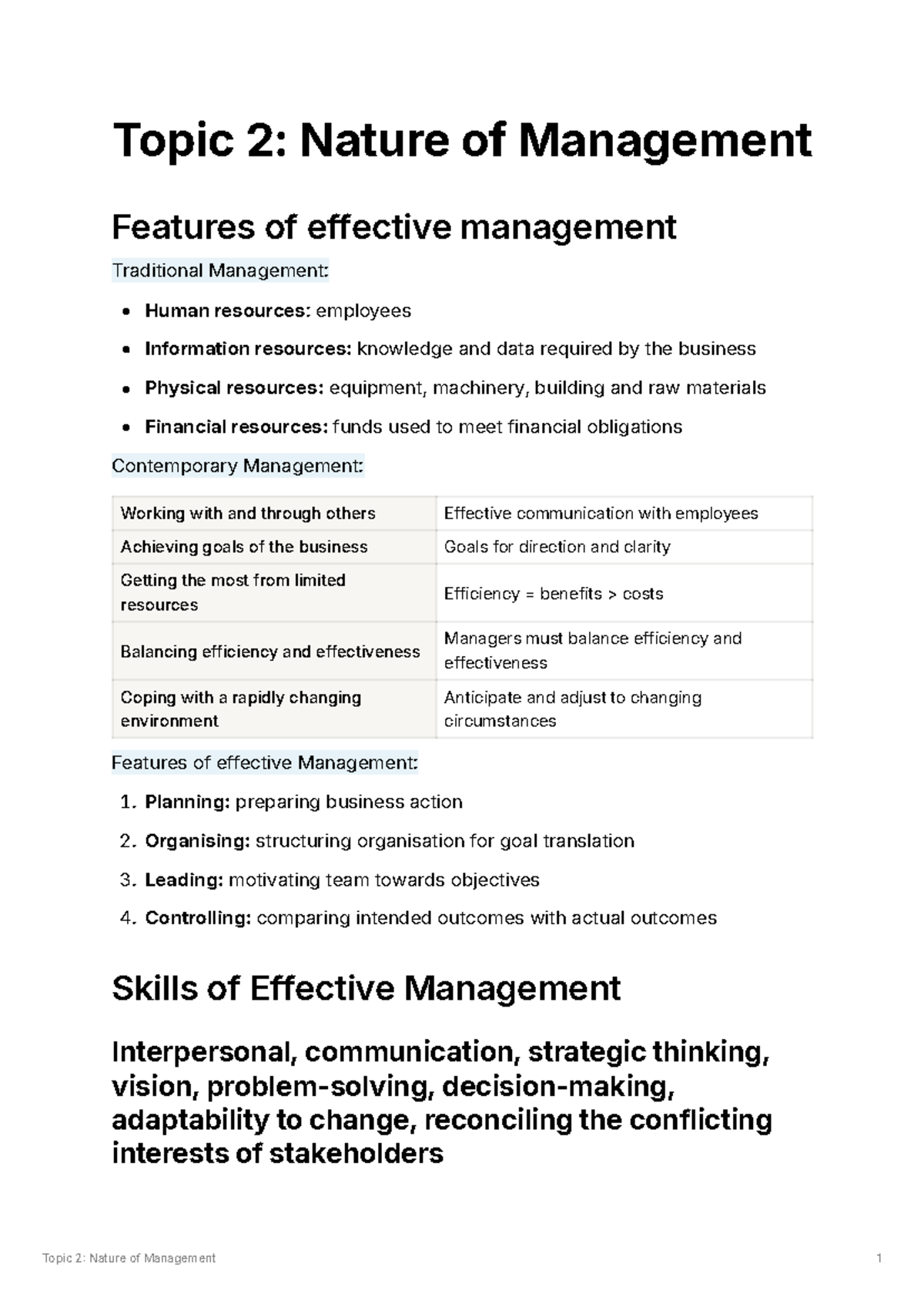 Topic 2: Nature of Management - Key Features and Skills - Studocu