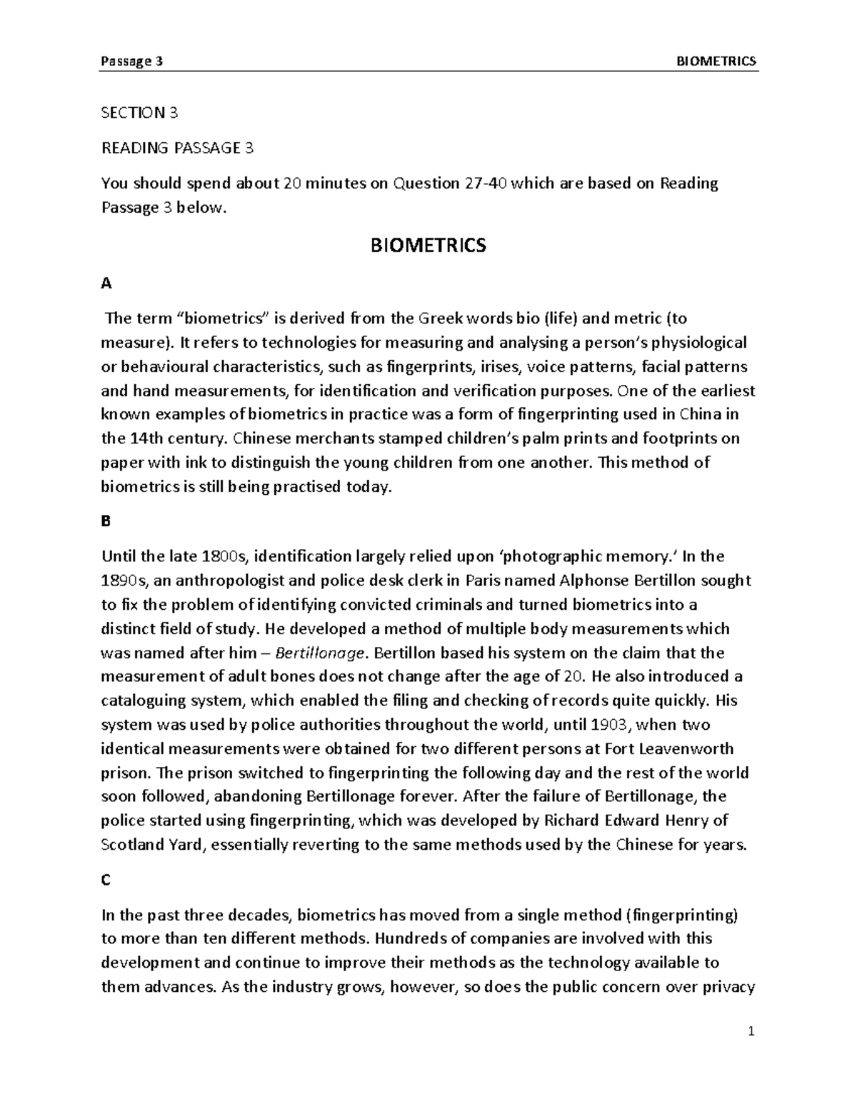 Passage 3 - BIOMETRICS Reading and Questions (Q27-40) - Studocu