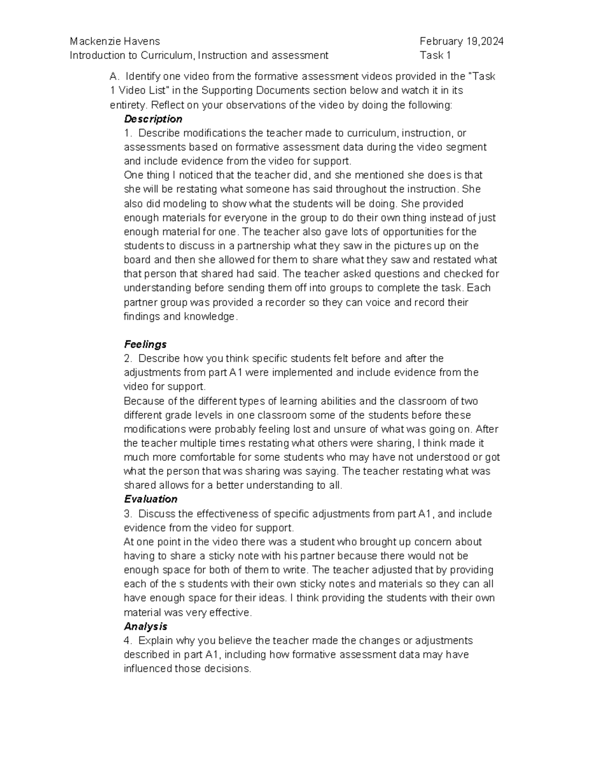 Curriculum, Instruction & Assessment Insights: Class 8 Task 1 Analysis ...