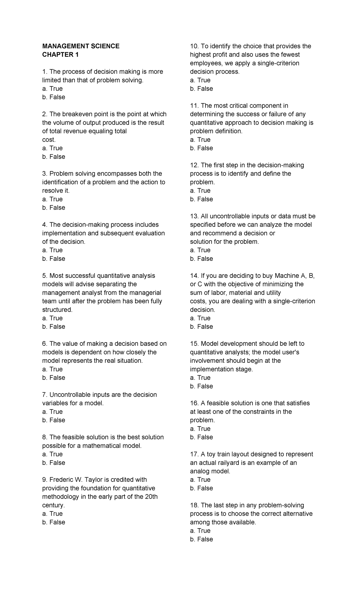 [Mansci] Midterms Reviewer: Key Concepts in Management Science - Studocu