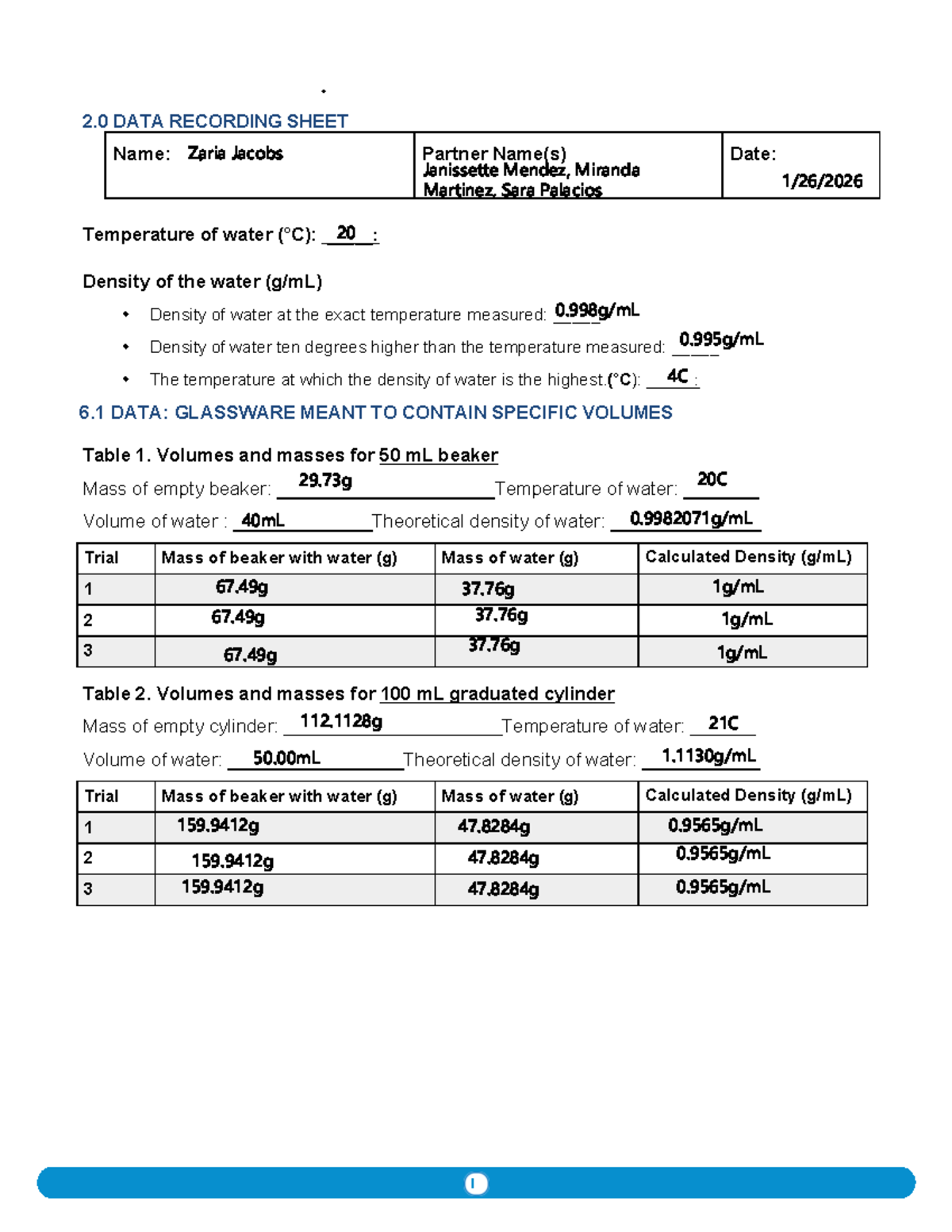 Chem Lab 1 - Data Recording Sheet and Glassware Analysis - Studocu