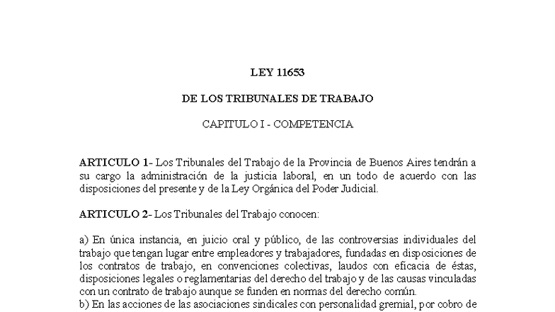 Ley 11.653: Proceso Laboral y Competencia de los Tribunales - Studocu