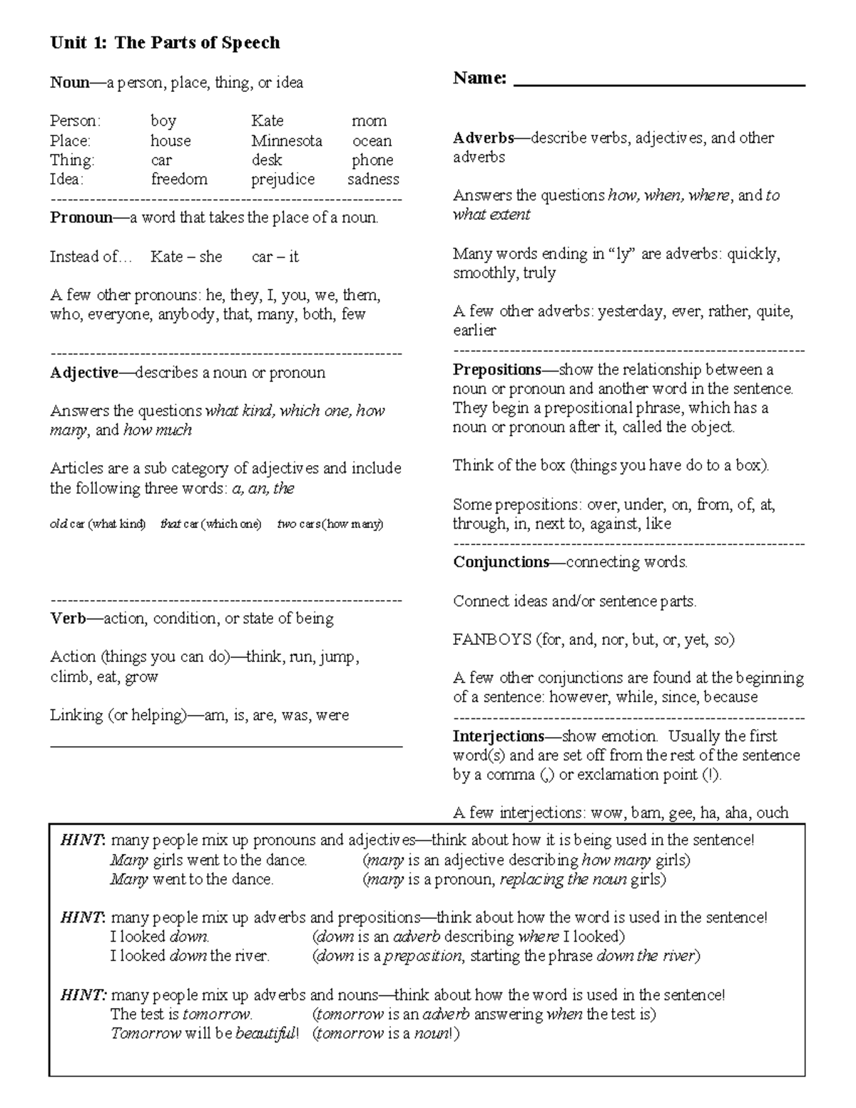 Unit 1: Nouns, Verbs, and Adjectives Overview (ENG101) - Studocu