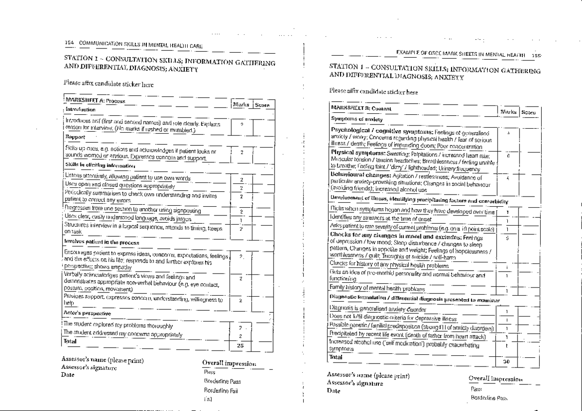 154 COMMUNICATION SKILLS IN MENTAL HEALTH: OSCE Mark Sheet for Anxiety ...