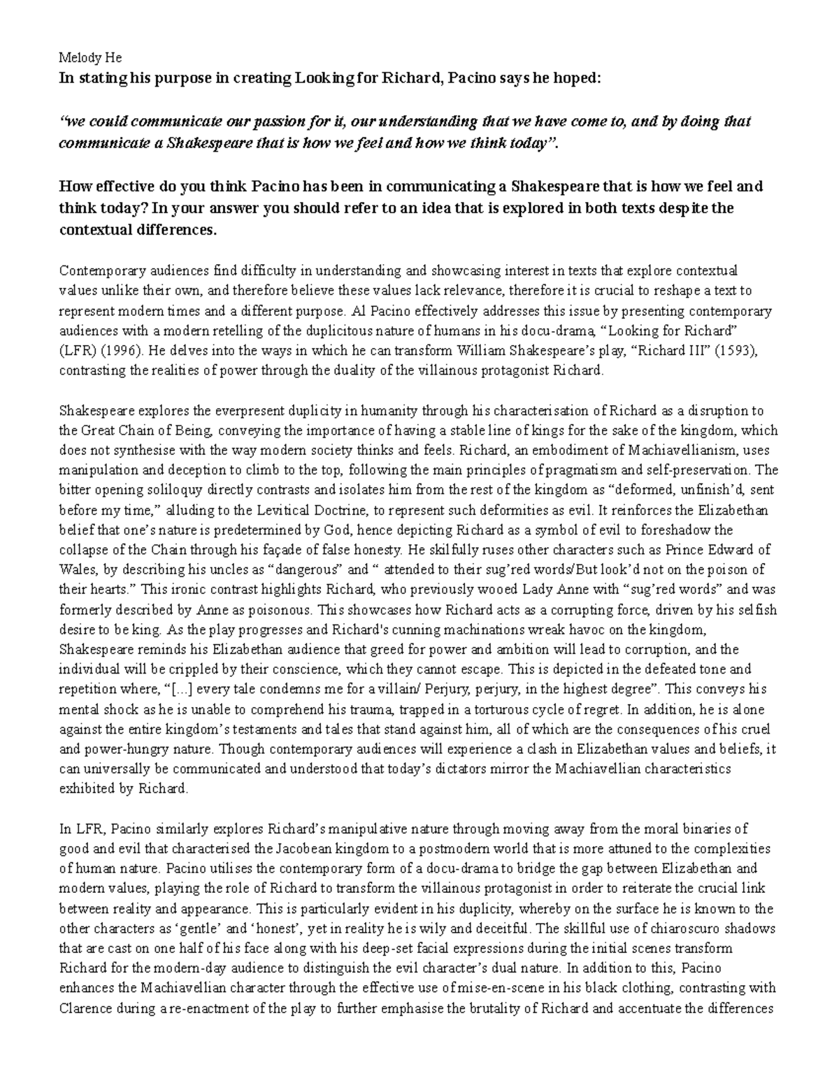 Y12 HSC Mod A Advanced English - Practice Essay - Melody He In stating ...