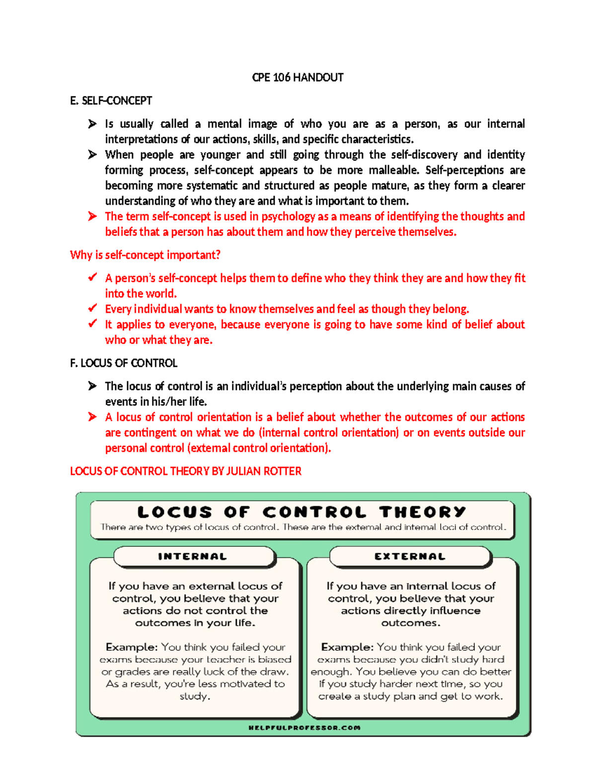 CPE 106 Handout: Understanding Self-Image & Locus of Control - Studocu