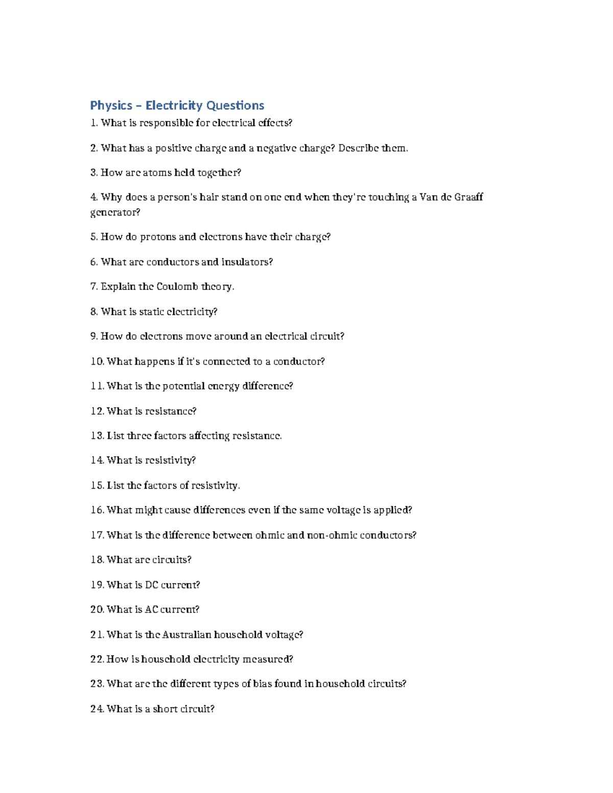 Physics Electricity Quiz Questions and Concepts - Studocu