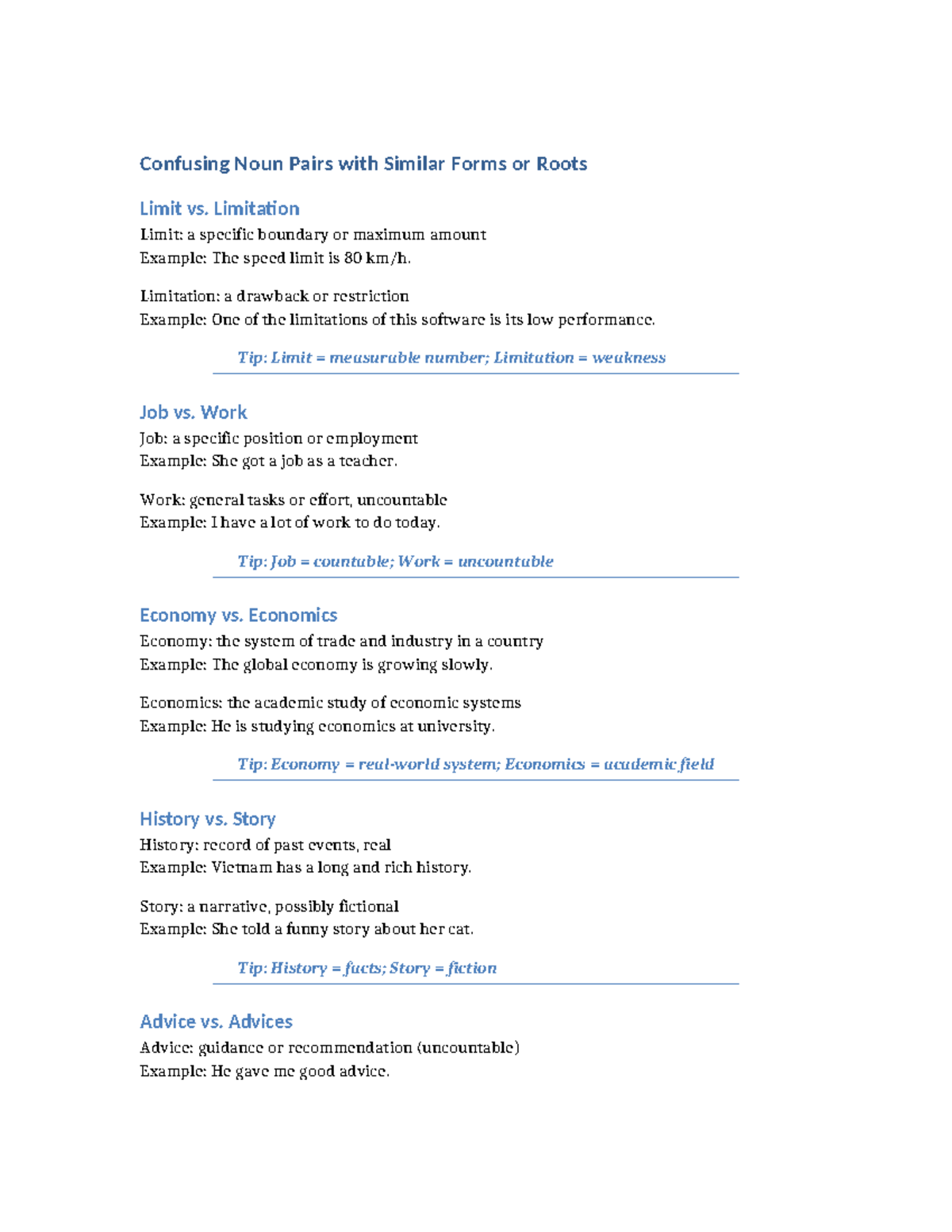 Confusing Noun Pairs: Limit vs. Limitation & More - Study Notes - Studocu