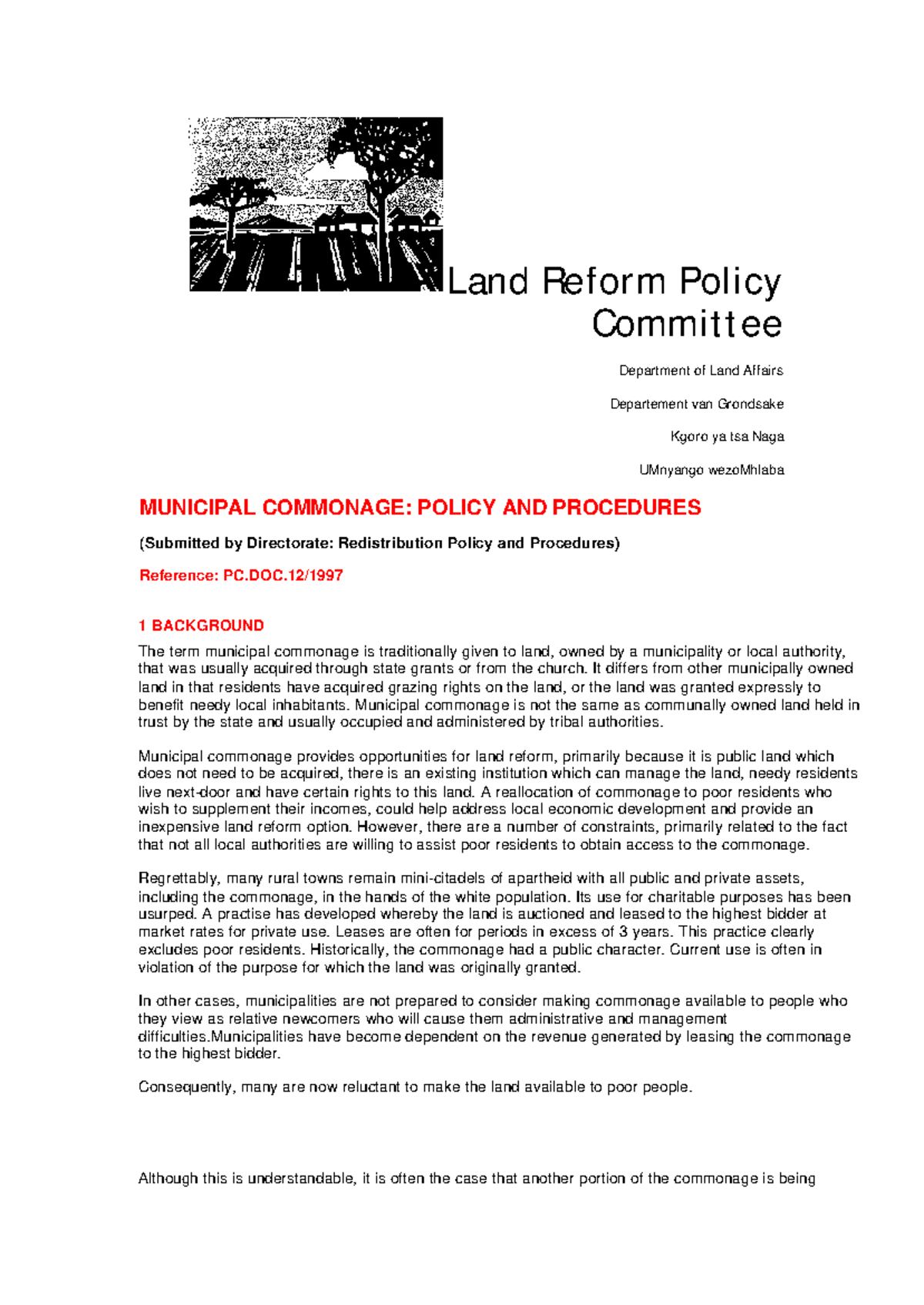 Land Reform Policy: Municipal Commonage Guidelines (DLA 1997) - Studocu