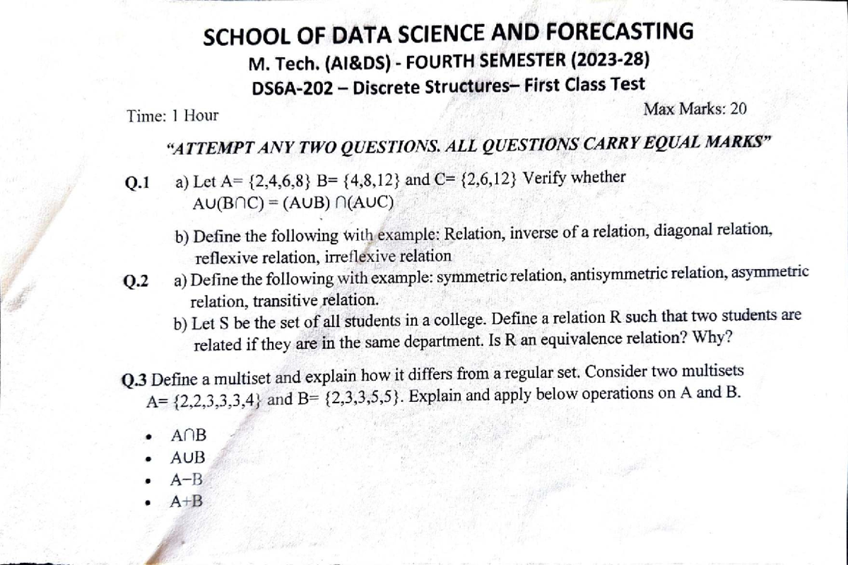 Sem 4 M. Tech. Discrete Structures First Class Test 2023-28 - Studocu