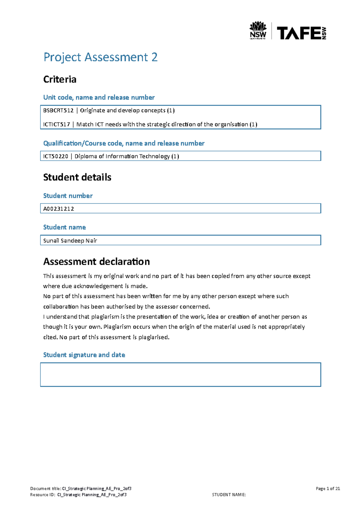 Cl Strategic Planning AE Pro2of3 - Project Assessment 2 Criteria Unit ...