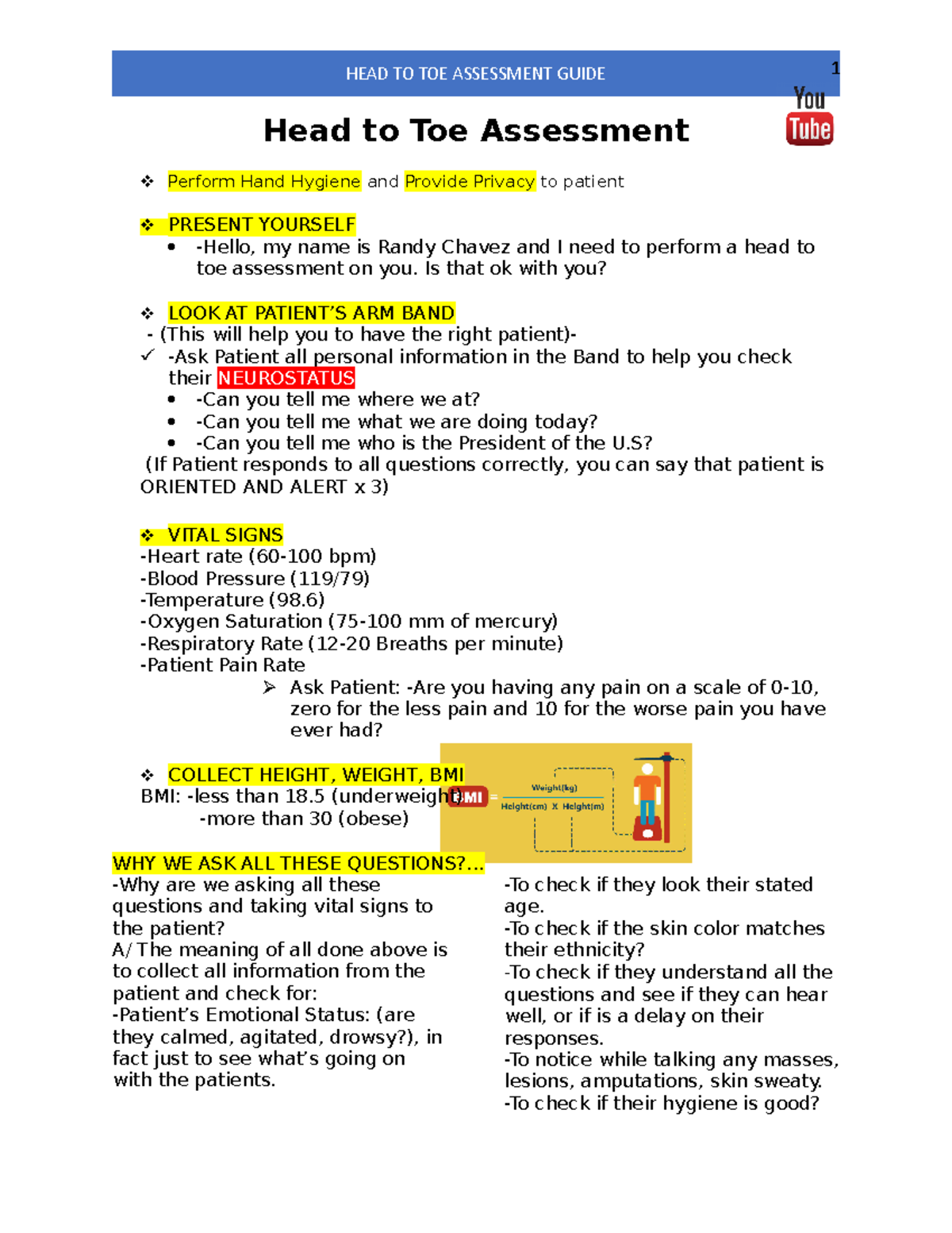 Head To Toe Assessment Guide - HEAD TO TOE ASSESSMENT GUIDE 1 Head to ...