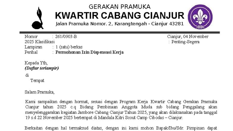 Izin Dispensasi Kegiatan Jambore Cabang Cianjur 2025 - Studocu